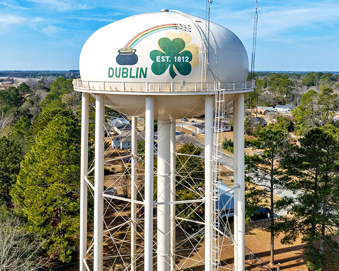 That shamrock on the water tower isn't subtle, but neither is Southern hospitality – and that's perfectly fine.