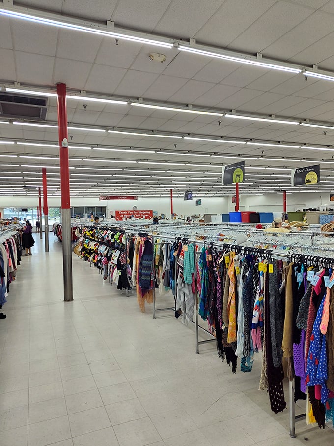 Endless racks of colorful clothing stretch toward the horizon at Motown Thrift, where fashion treasures from every decade await discovery.
