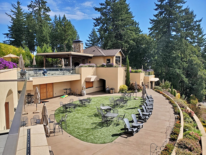 The amphitheater courtyard creates perfect harmony between architectural elegance and natural vineyard beauty below.