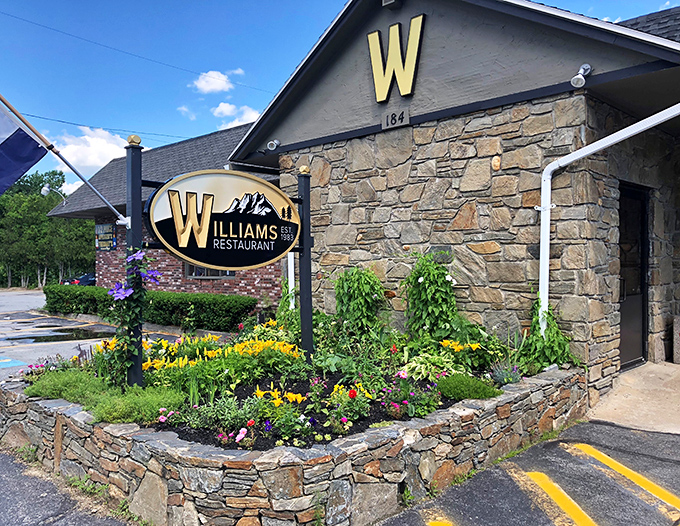 Williams Restaurant's stone exterior and vibrant garden offer a warm welcome that promises comfort food served with small-town hospitality.