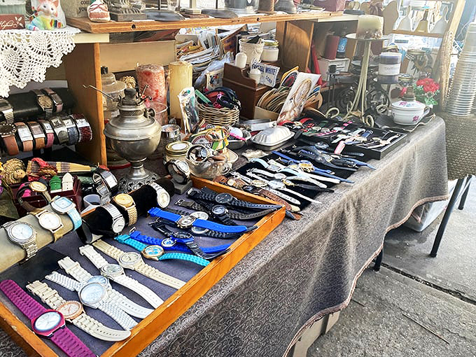 Time literally stands still at this vendor's table. Dozens of wristwatches waiting for their second chance to tell someone they're fashionably late.