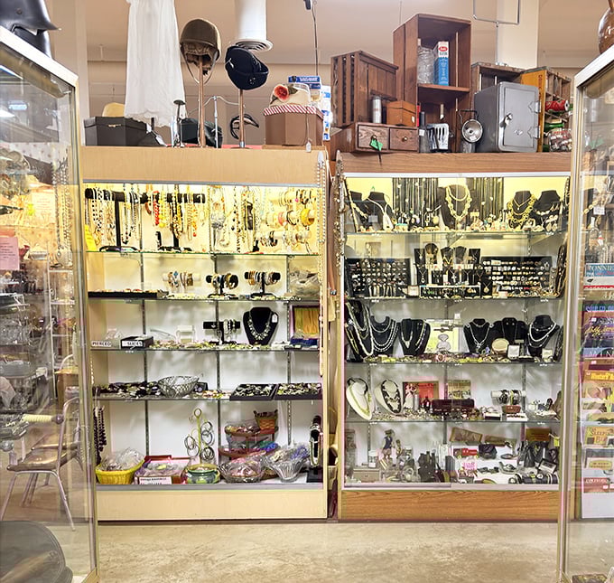 Jewelry cases that sparkle with history. Each necklace and brooch carries stories from decades past, waiting for new chapters to be written.