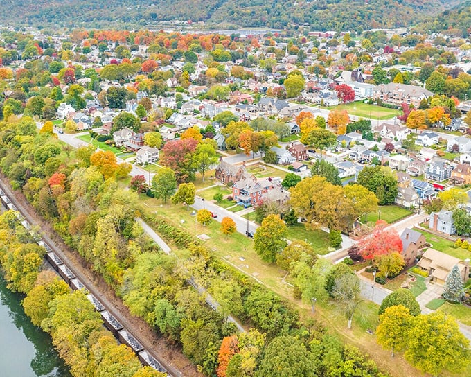 Fall foliage frames this aerial view of Beaver, where neighborhoods nestle together like old friends catching up after summer vacation.