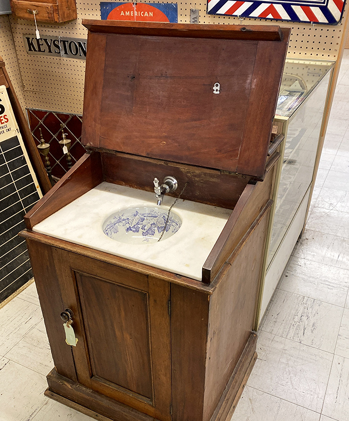 This isn't just a washstand – it's a portal to morning routines from a century ago, complete with that gorgeous blue and white basin.