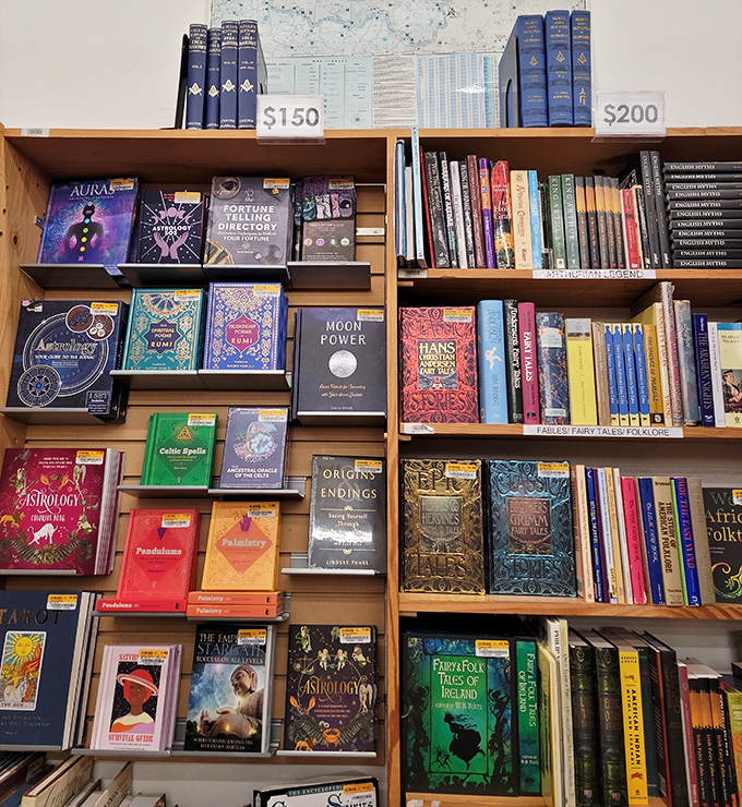 The metaphysical section beckons with cosmic secrets and folklore wisdom, all priced less than a fortune teller's consultation.