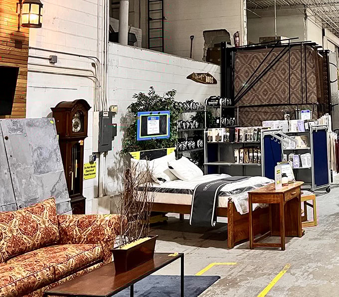 Nothing says "trust fall into home d&eacute;cor" quite like a fully staged bedroom display complete with grandfather clock supervision.