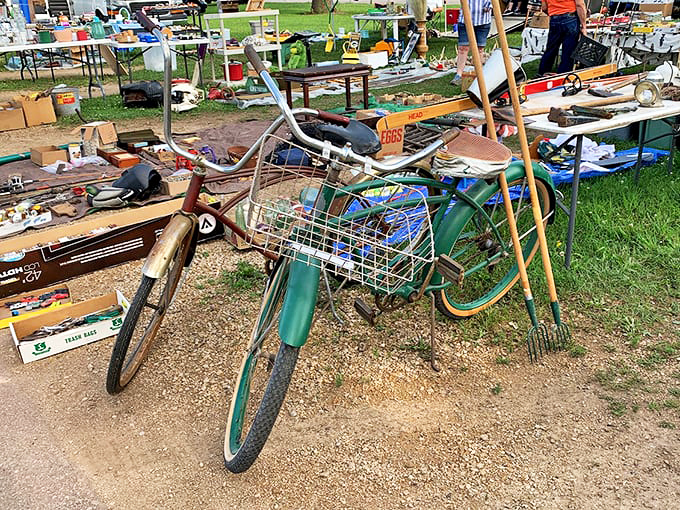 That vintage bicycle isn't just transportation; it's someone's childhood memory leaning against a garden rake. Wisconsin's rural heritage rolls into the present on those well-worn tires.