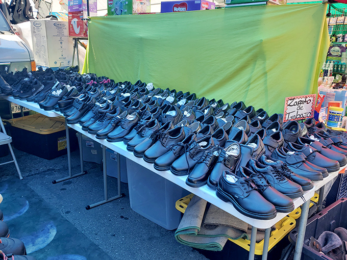 Not your average shoe department. These perfectly aligned dress shoes await new adventures, proving one person's castoff is another's Sunday best.