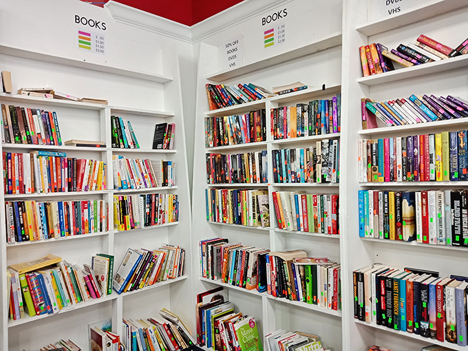 A bibliophile's dream corner where paperbacks cost less than a bookmark. Color-coded for the organizationally obsessed, these shelves hold forgotten bestsellers and timeless classics.