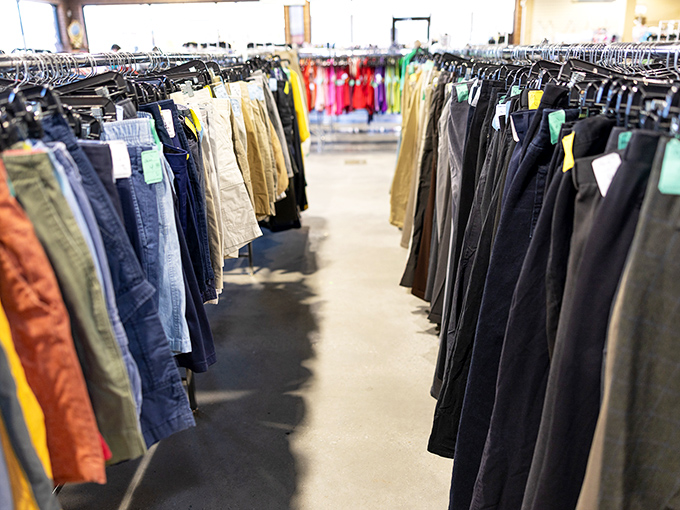 The pants corridor – a denim rainbow where your next favorite pair of jeans is hiding, just waiting to become the most comfortable thing in your closet.