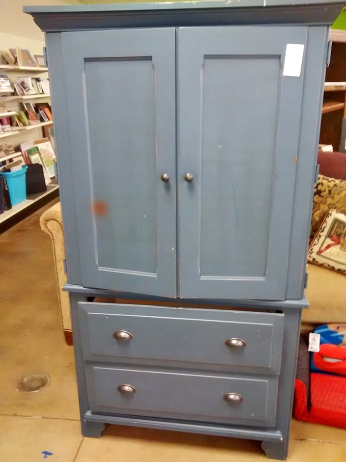 This blue armoire whispers stories of its past life while promising new chapters in your home. Solid craftsmanship that's outlasted countless IKEA assemblies. 