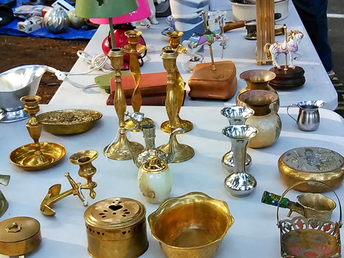 Gleaming brass and silver treasures catch the morning light. These candlesticks and serving pieces once graced formal tables and now await their second act.