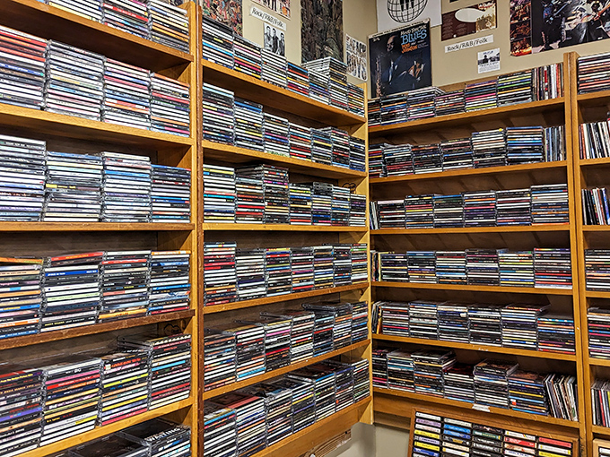 Music lovers, prepare for sensory overload: thousands of CDs organized like a nostalgic rainbow of sound.