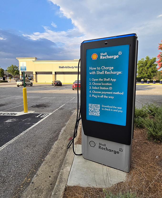 The future shops here too! Electric vehicle charging stations mean your car can power up while your shopping stamina powers down.