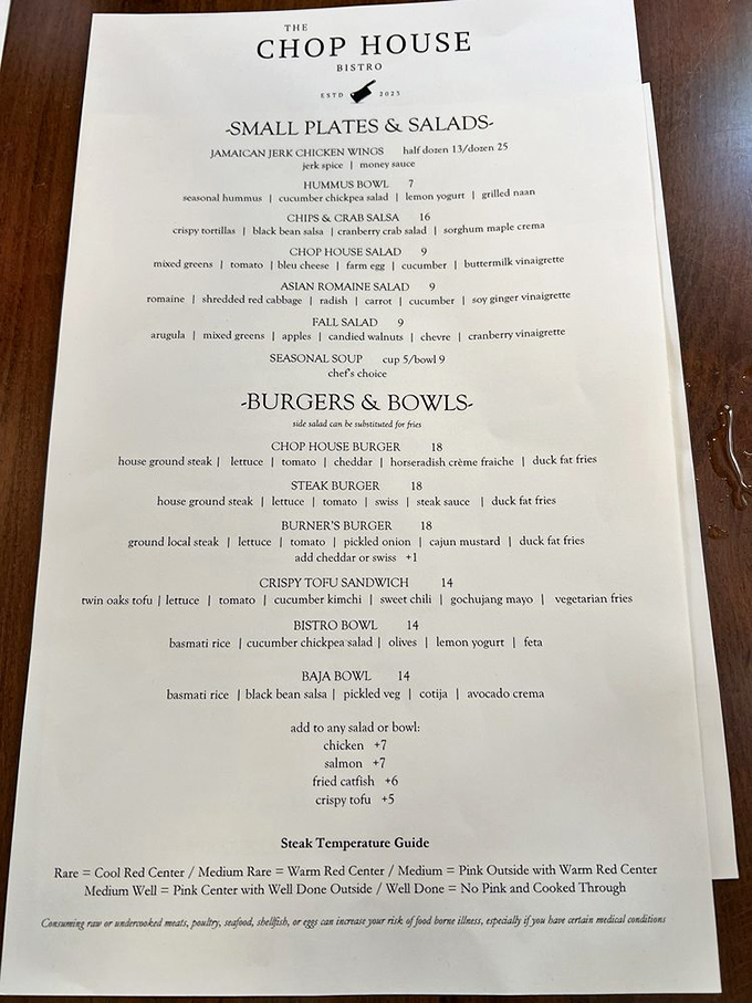 The menu reads like a love letter to food enthusiasts, with each item thoughtfully composed. Notice the steak temperature guide—they take your doneness preference seriously here.