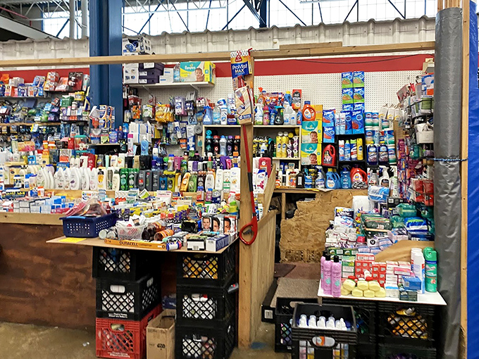 A rainbow of cleaning supplies proves even practical shopping can be colorful at this marketplace wonderland.