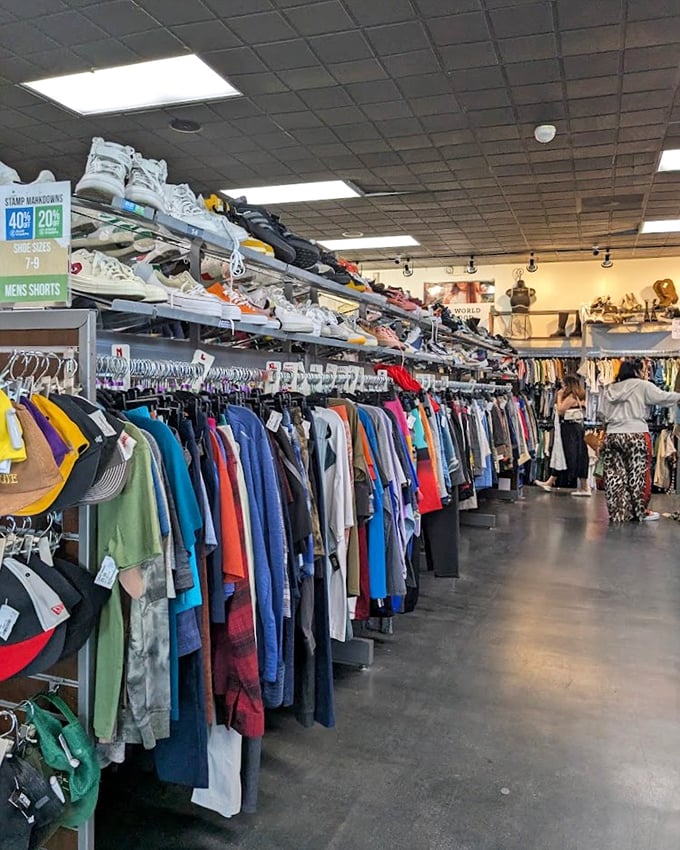 A rainbow of possibilities hangs in perfect order. Even Marie Kondo would approve of this color-coded clothing nirvana.