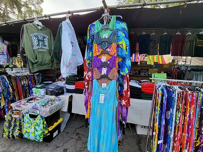 A rainbow of Hawaiian attire hangs ready for shoppers &ndash; because nothing says "I understand island life" like a shirt brighter than the sun.