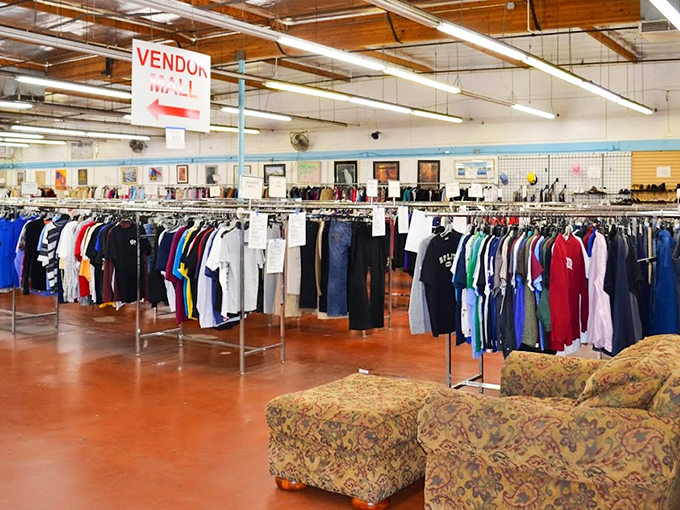 A clothing department more organized than most people's closets. The rainbow of options proves that fashion doesn't need a designer price tag to make a statement.