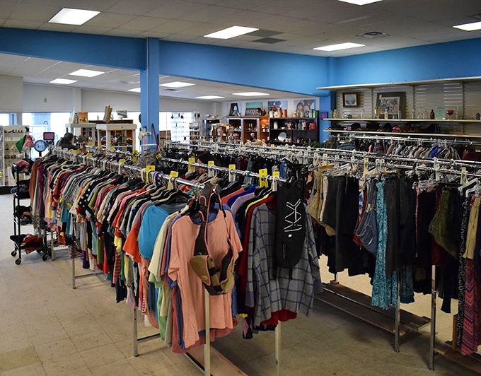 Clothing racks stretching into infinity, because apparently someone needs to save you from impulse-buying that vintage flannel. 