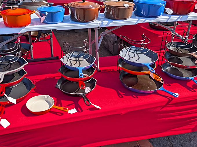Cast iron paradise! These colorful vintage pans have cooked thousands of meals and are ready for thousands more in your kitchen.