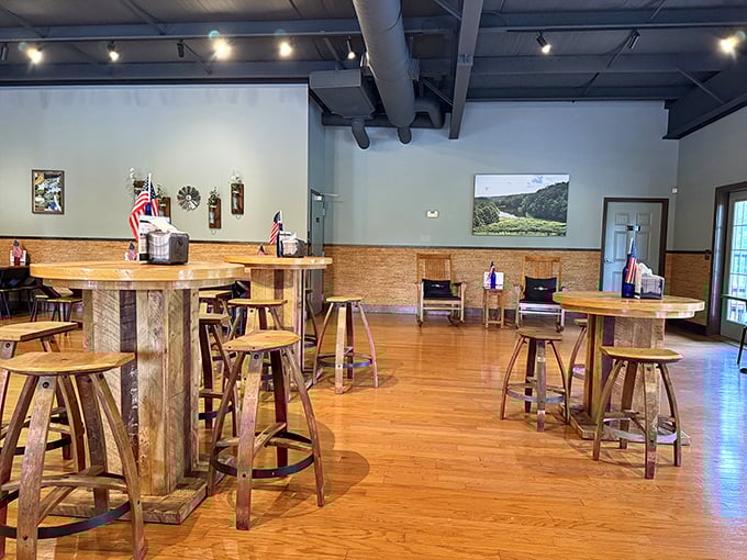 Barrel tables and wooden stools create the perfect perch for swirling, sniffing, and savoring Georgia's finest.