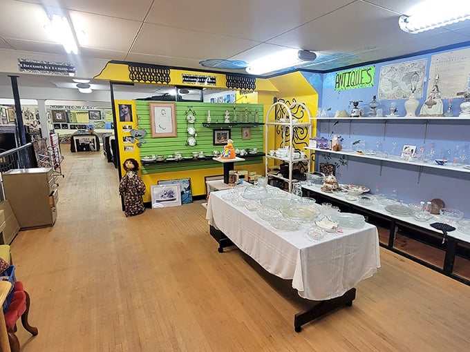The collectibles section gleams under fluorescent lights, where vintage glassware and china await their second chance at dinner party stardom.