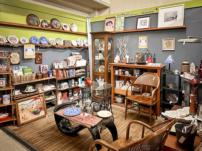 A wall of decorative plates tells silent stories of family dinners past, each one a portal to someone else's cherished memories.