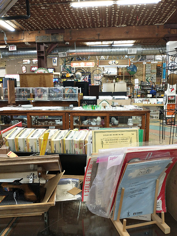Industrial ceiling beams and vintage lighting fixtures hover above glass display cases filled with yesterday's treasures waiting for tomorrow's homes.