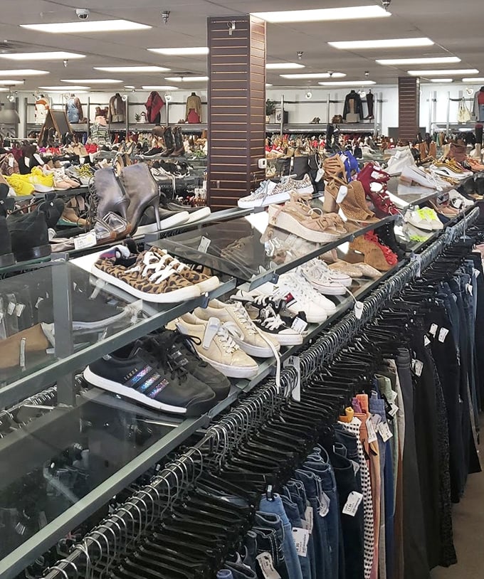 Footwear paradise awaits! Rows upon rows of gently loved shoes prove that Cinderella could have had multiple glass slippers on a budget.