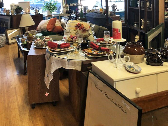 Staged like a magazine spread, this tablescape proves secondhand doesn't mean second-rate in the slightest.