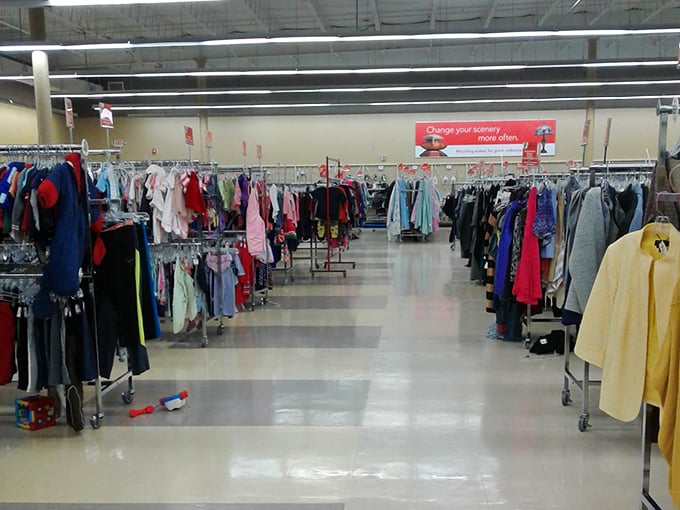 Racks on racks on racks! The clothing section stretches toward the horizon like a textile Grand Canyon.