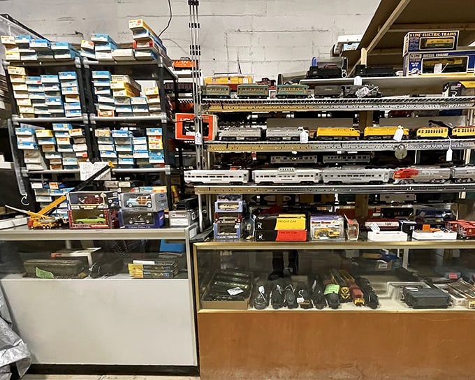Train enthusiasts, rejoice! This meticulously organized collection of model locomotives would make any railroad buff's heart skip a track.