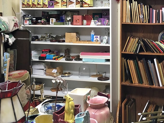 Every shelf tells a story, from vintage ceramics to weathered books &ndash; like a library where you can take the history home.