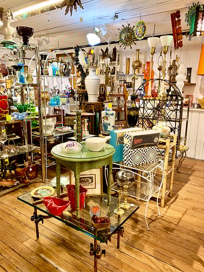 A dazzling array of glassware, furniture, and decorative items creates a collector's paradise. One person's castoff becomes another's centerpiece!