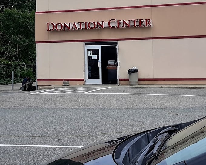 The humble donation center entrance—where yesterday's impulse purchases become tomorrow's treasures for someone new.
