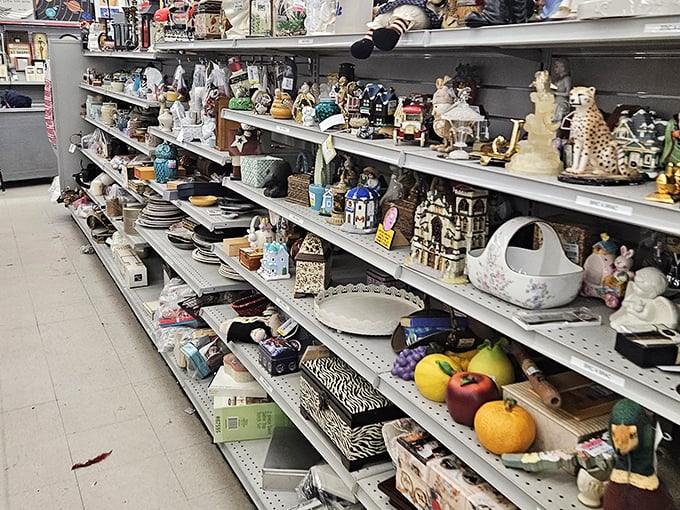 The figurine aisle: where someone else's "what was I thinking?" becomes your mantelpiece masterpiece. Marie Kondo's nightmare is a collector's paradise.