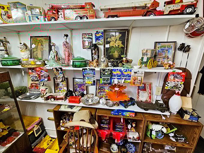 Every shelf tells a different story. Vintage toys, porcelain figurines, and collectibles create a museum of American childhood that spans generations.