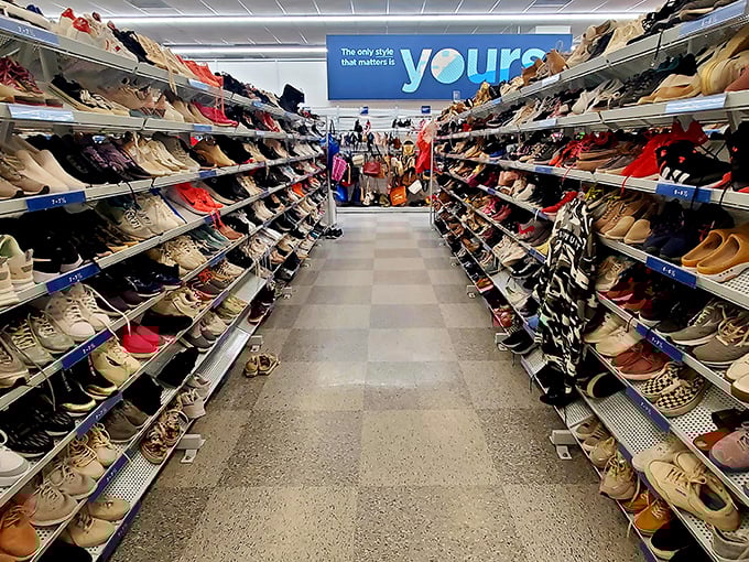 The shoe aisle stretches toward infinity, a footwear fantasyland where "the only style that matters is yours." Cinderella had fewer options!