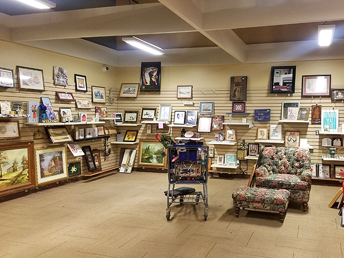 Art corner becomes an accidental gallery, where amateur watercolors mingle with prints that might actually be worth something.