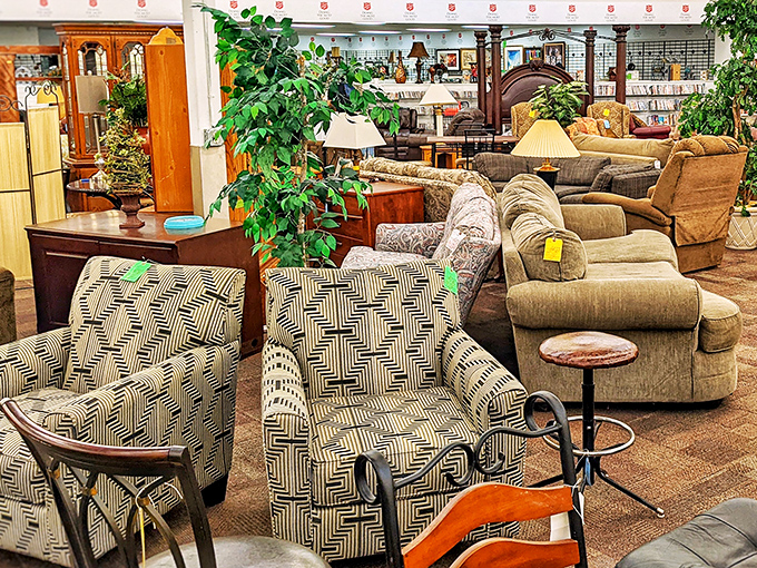 A furniture forest where geometric-patterned armchairs mingle with cozy recliners, proving one shopper's discard is another's dream living room.