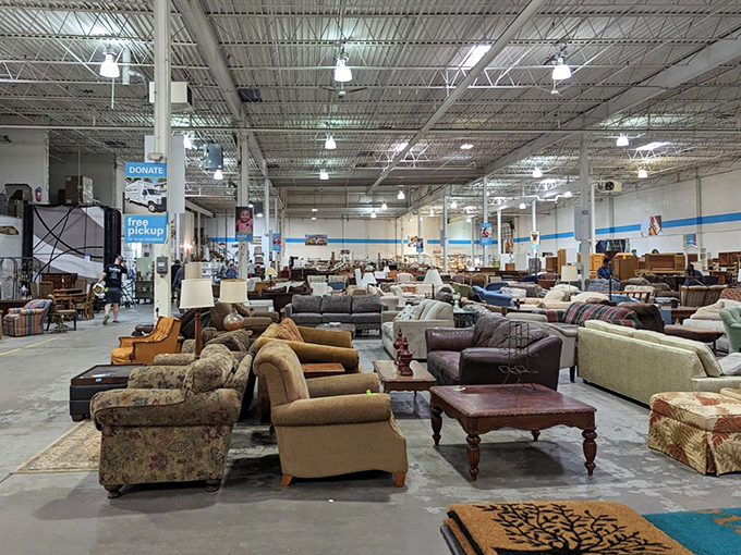 A furniture showroom where every sofa has a story and each armchair awaits its second act. It's like speed dating for your living room.