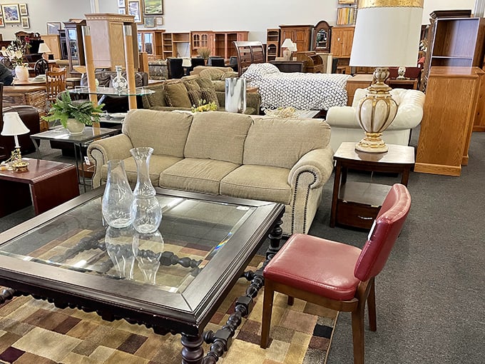 Living room vignettes that could grace a design magazine, proving secondhand doesn't mean second-rate in the furniture department.