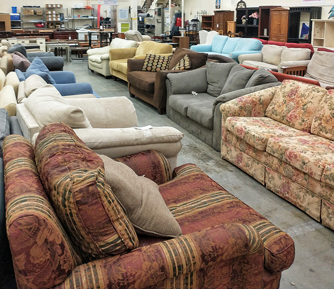 The sofa showroom resembles a living room convention, where floral prints and earth tones compete for your attention and future napping needs.
