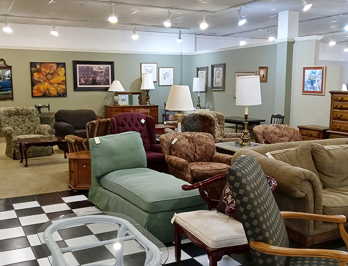 The furniture section resembles a living room time machine, where mid-century meets country comfort and every chair has a story to tell.