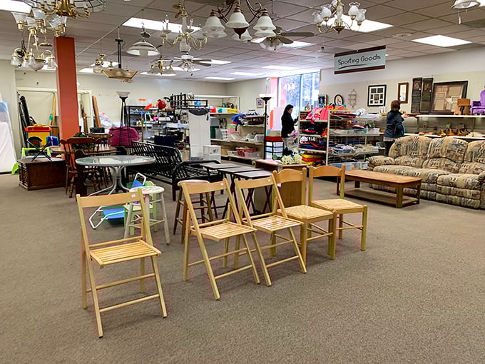 The furniture section resembles a time-travel experiment gone wonderfully right, with wooden folding chairs awaiting their next dinner party invitation.