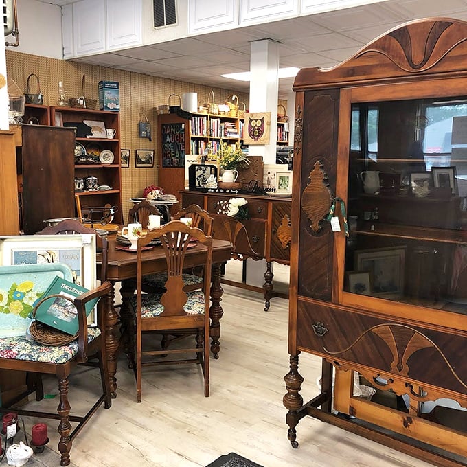 Antique furniture heaven! These wooden treasures have survived longer than most marriages and still look ready for their second (or fifth) act.