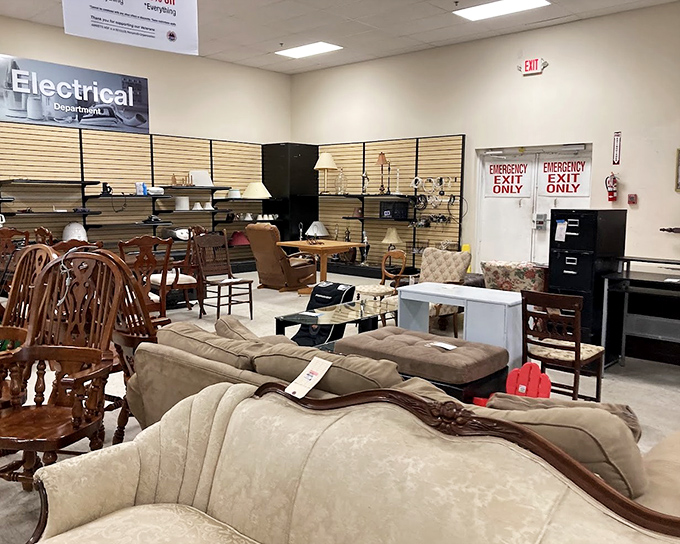 The furniture showroom offers living room dreams at garage sale prices – your wallet will thank you.