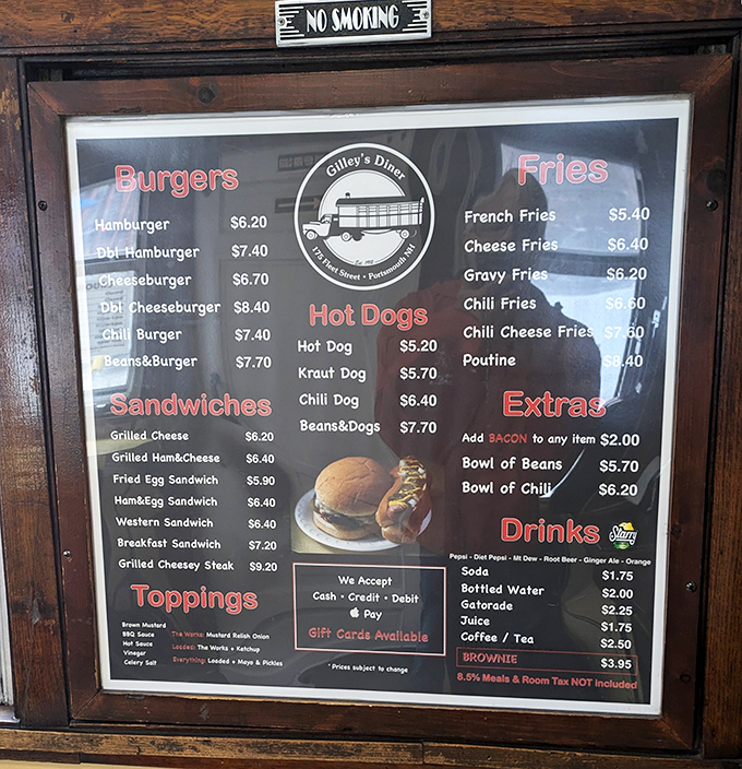 The menu board tells the whole story: straightforward comfort food with no pretension, just the promise of satisfaction.