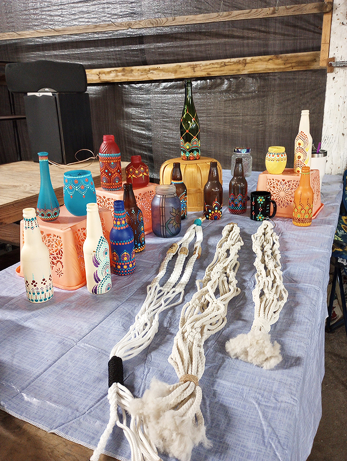 Hand-painted bottles and macram&eacute; creations showcase the artisanal side of flea market finds&mdash;someone's passion project becomes your conversation piece.